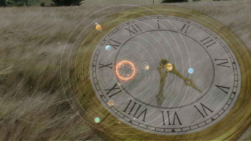 Animation of Solar System, Planets and Space Over Field and Clock ...