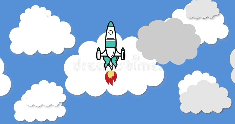 Animation of Spaceship Rocket Taking Off with Cut Outs of White Clouds ...