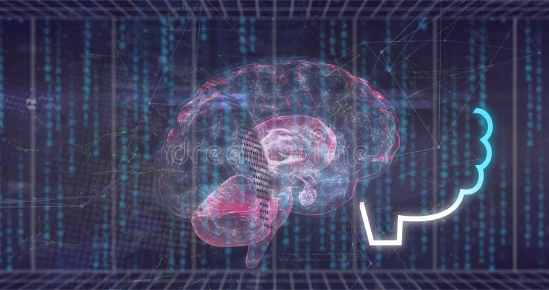 Animation of Speech Bubbles, Binary Codes, Robot and Brains Over Abstract Background Stock ...