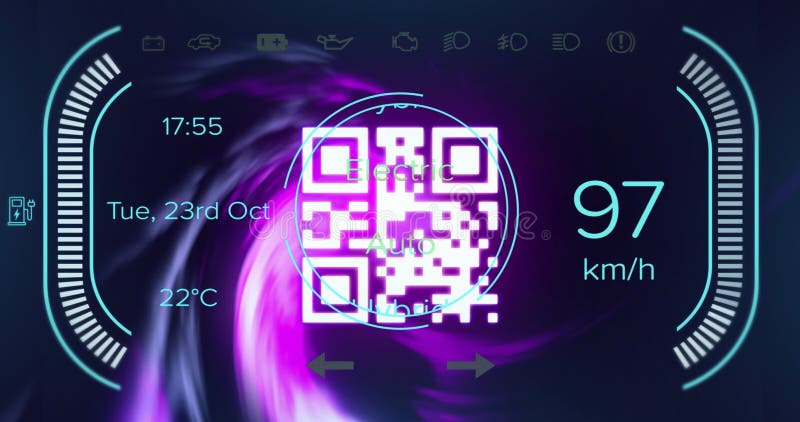 Animation of Speedometer Over Neon Qr Code Scanner and Purple Digital ...