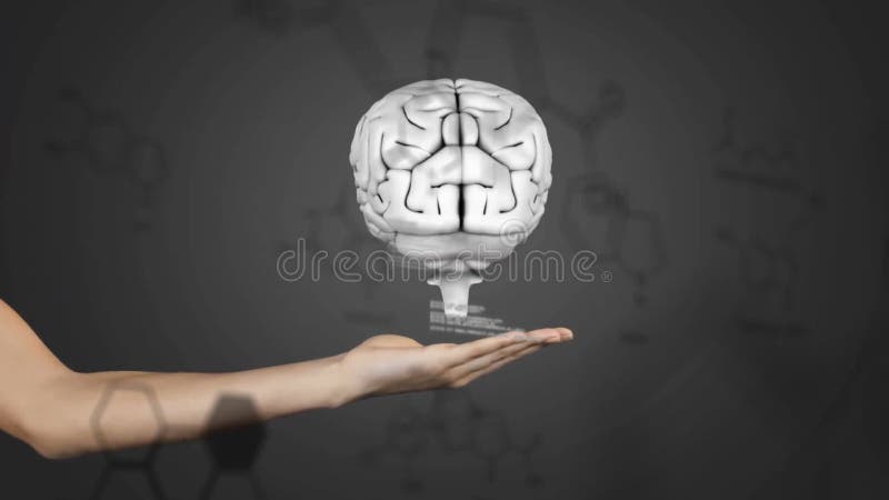 Animation of Spinning Brain on Hand Over Data Processing on Black ...