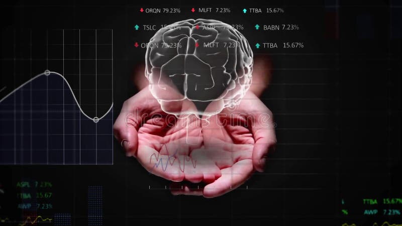 Animation of Spinning Brain on Hands Over Data Processing on Black ...