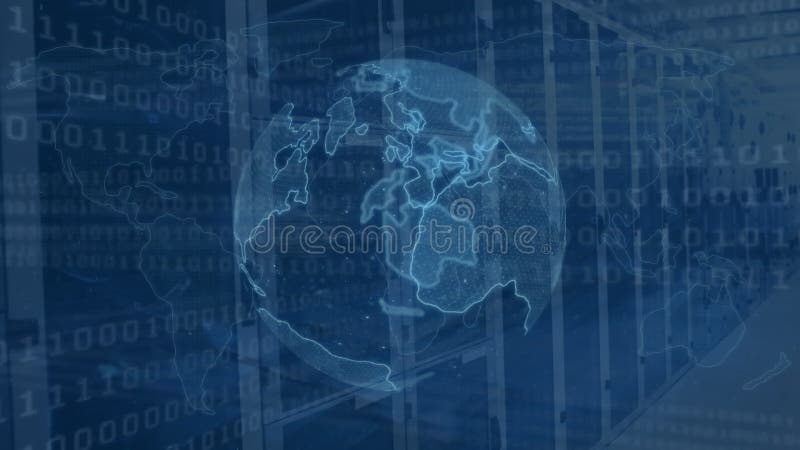 Animation of Spinning Globe and Binary Coding Data Processing Against Computer Server Room Stock ...