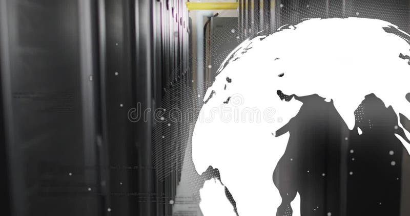 Animation of Spinning Globe, Data Processing and White Spots Against ...