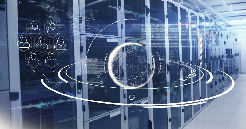 Animation of Spinning Globe, Profile Icons and Data Processing Against ...