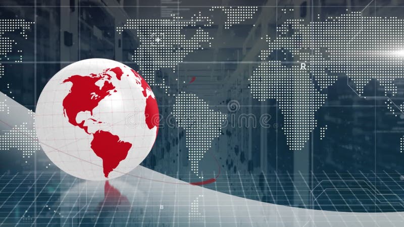 Animation of Spinning Globe, World Map and Light Spot Against Computer ...