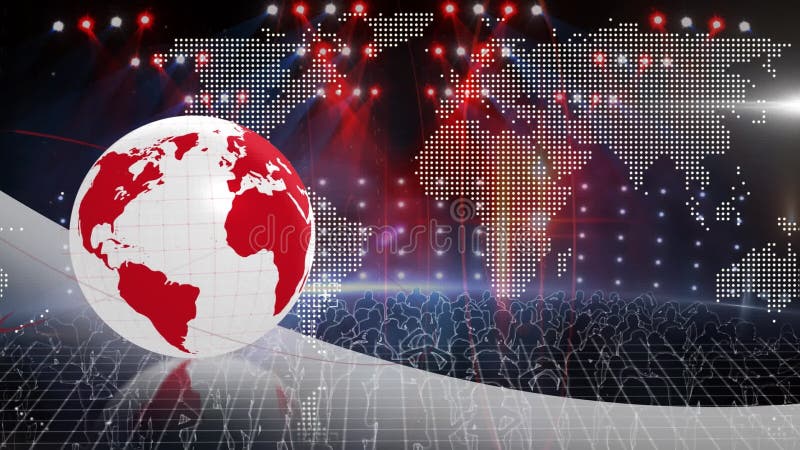 Animation of Spinning Globe and World Map Over Light Trails and Spots ...