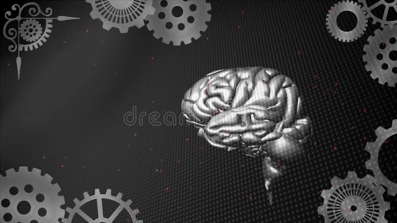Animation of Spinning Human Brain Over Turning Metallic Cogs on Grey ...