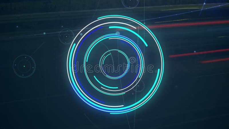 Animation of Spinning Neon Round Scanner, Light Trails and Network of ...