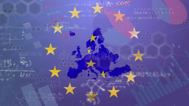 Animation of Spinning Stars on Eu Flag and Map Against Statistical Data ...