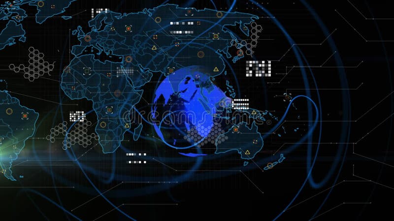 Animation of Spiral Pattern Over Map, Globe, Circuit Board Pattern ...