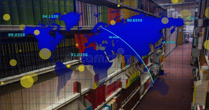 Animation of Spots and Data Processing with World Map Over Books on ...