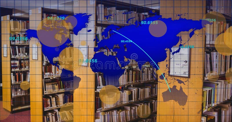 Animation of Spots and Data Processing with World Map Over Books on ...