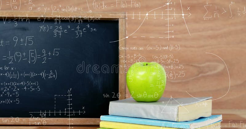 Animation of Stack of Books and Apple Over Mathematical Equations and ...