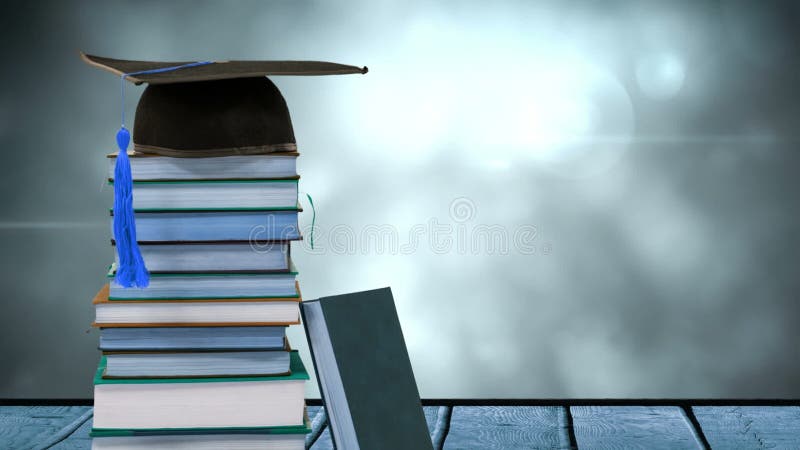 Animation of Stack of Books with Graduation Hat on Top Over Glowing ...