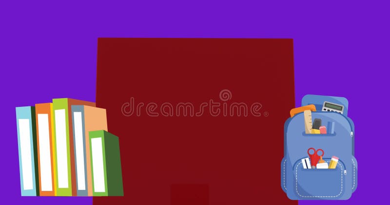 Animation of Stack of Books and School Bag Icon Against Red Banner with ...