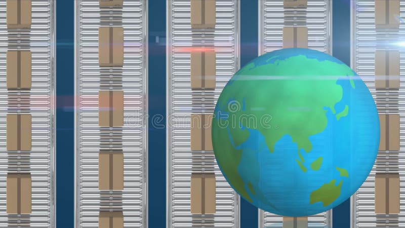 Animation of Stacked Up Cardboard Boxes Moving with Globe Spinning on ...