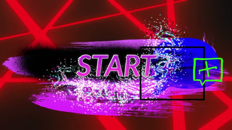 Animation of Start Text Banner Over Abstract Shapes Against Neon Stripes on Red Background Stock ...