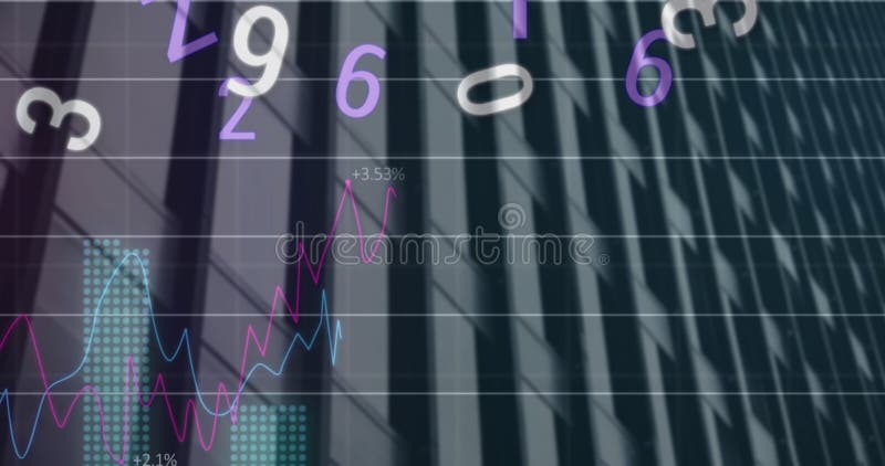 Animation of Statistical Data Processing and Changing Numbers Against Tall Building Stock Video ...