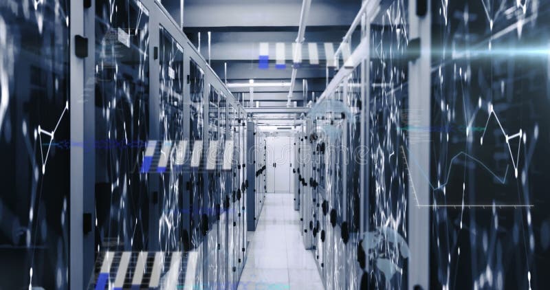 Animation Of Statistical Data Processing And Network Of Connections Against Computer Server Room