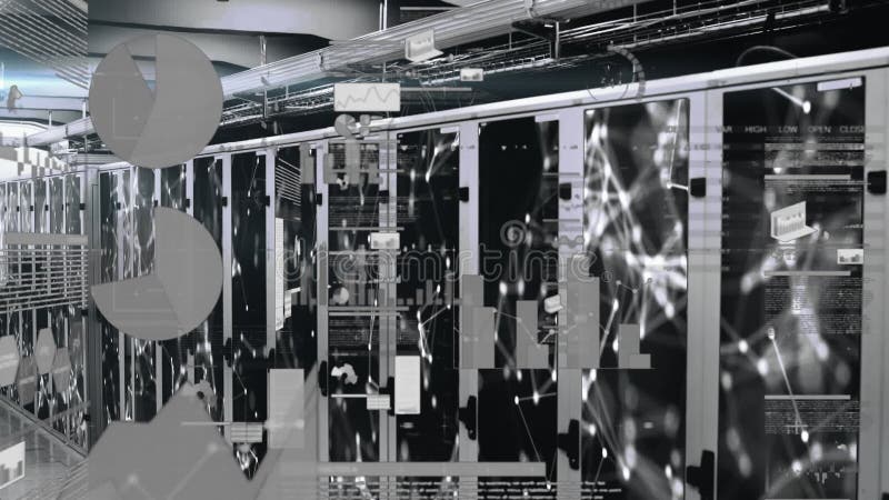 Animation Of Statistical Data Processing And Network Of Connections Over Computer Server Room