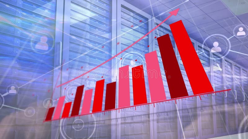 Animation of Statistical Data Processing and Network of Profile Icons Against Computer Server ...