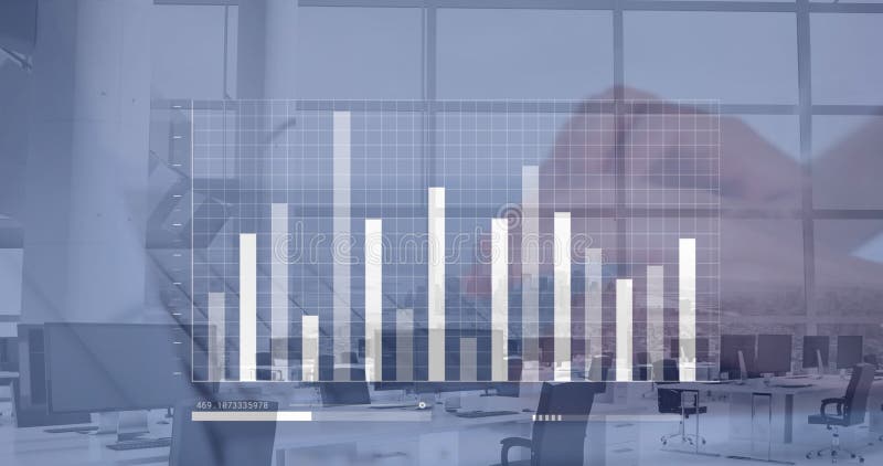 Animation Of Statistical Data Processing Over Empty Office And Close Up Of Hands Typing On