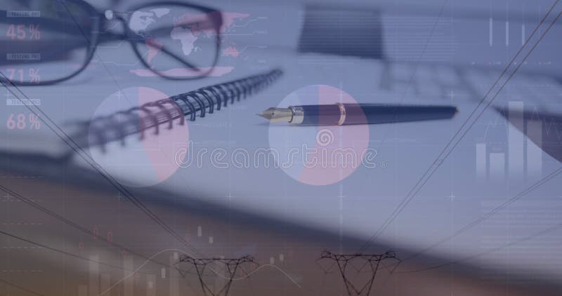 Animation Of Statistical Data Processing Over Equipments On Office Desk Against Network Towers