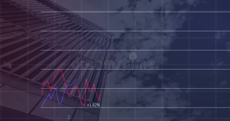 Animation of Statistical Data Processing Over Grid Network Against Low Angle View of Tall ...