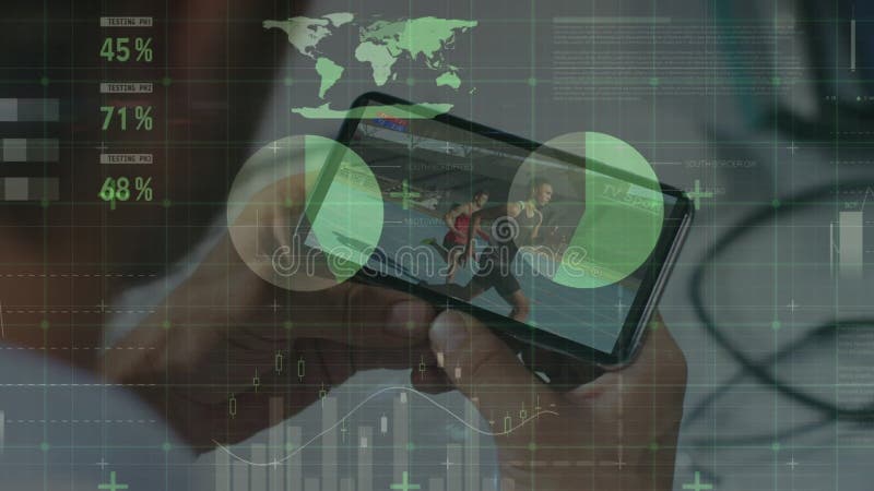 Animation of Statistics and Data Processing Over Caucasian Man Watching ...