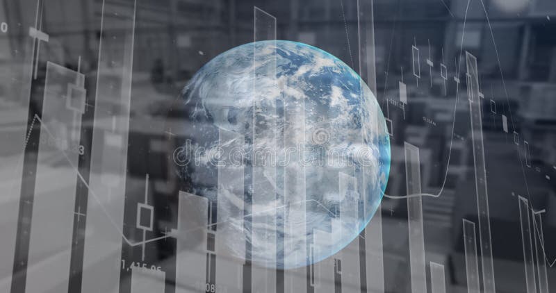 Animation of Statistics Recording, Globe Spinning Over Warehouse Stock ...