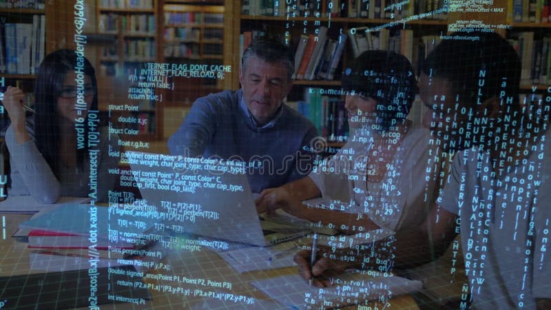 Animation of Students Sitting in a Library with Their Teacher Over Data ...