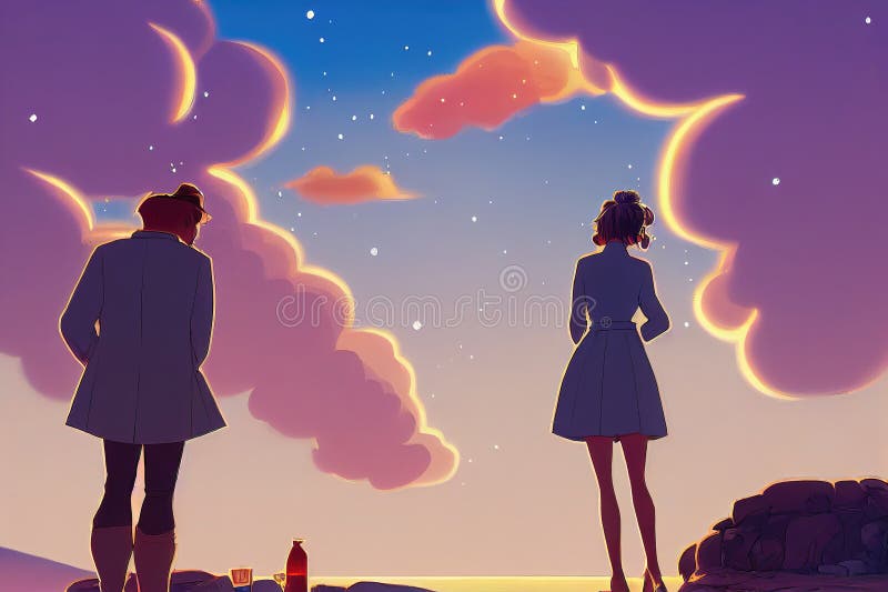 An Animation Styled Couple Standing in Front of a Lake with Pink Clouds ...