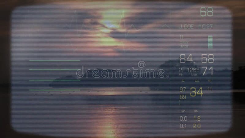 Animation of Sunset Over Water with Digital Data Overlay and Graphical ...