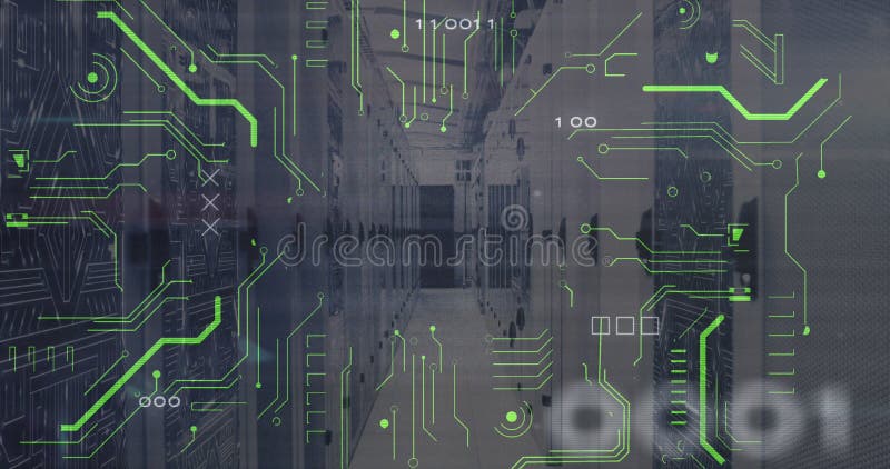 Animation Of X Symbol With Binary Codes And Circuit Board Patterns Over Server Room Stock Video