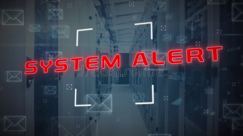 Animation of System Alert Text, Viewfinder, Envelope Icons Over Data ...