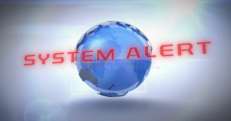 Animation of System Alert Warning Text and Data Processing Over Globe ...