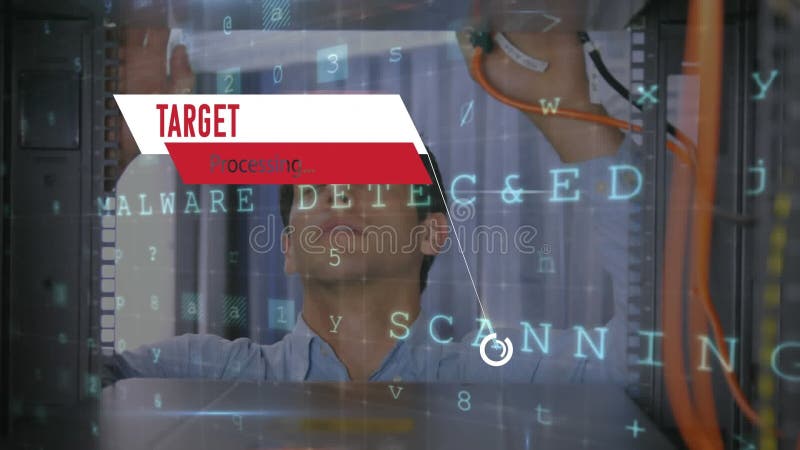 Animation of Target Text Over Data Processing and Caucasian Male Worker ...