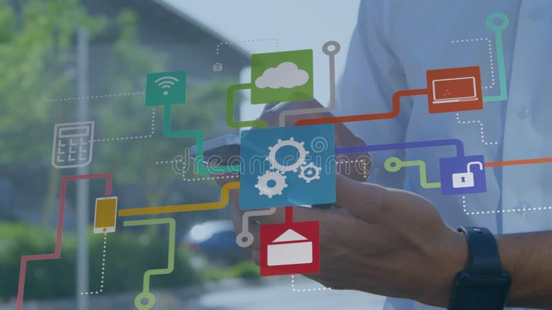 Animation of Tech Icons and Connections Over Hands of Biracial Man ...