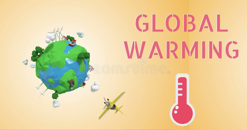 Global Warming Text and Thermometer Icon Against Spinning Globe and ...