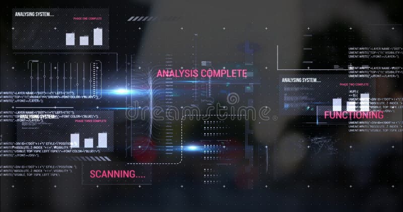 Animation of Texts, Graphs, Lines, Loading Bars and Computer Language Over Modern Buildings ...