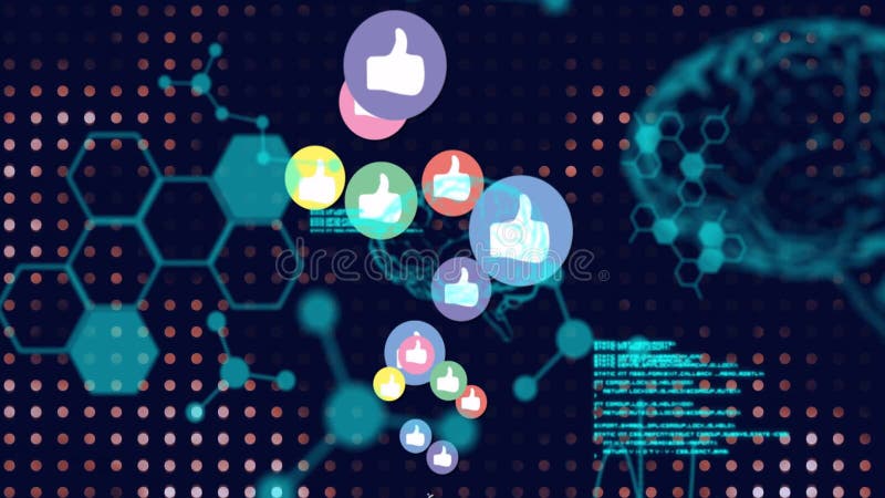 Animation of Thumbs-up Icons Floating Over Digital Network and Data ...