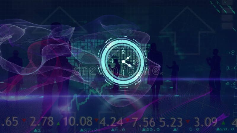 Animation of Ticking Clock and Digital Waves Over Silhouettes of ...