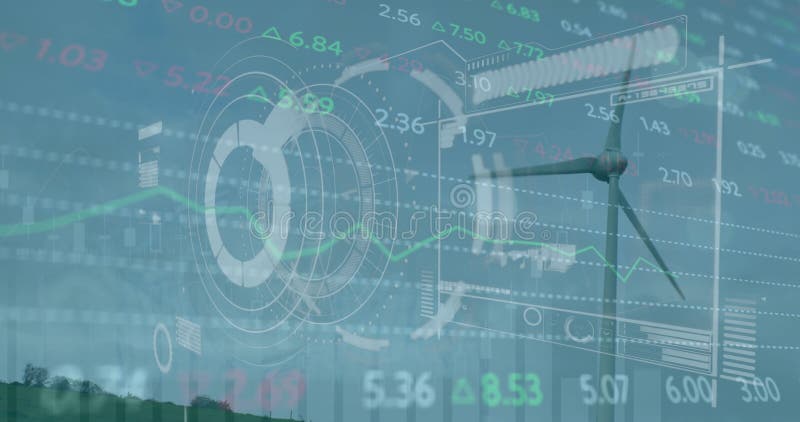 Animation of Trading Board, Graph and Radar Over Spinning Windmill ...