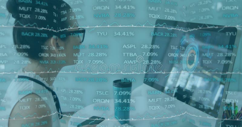 Animation of Trading Board Over Asian Woman Sketching on Desktop Using ...