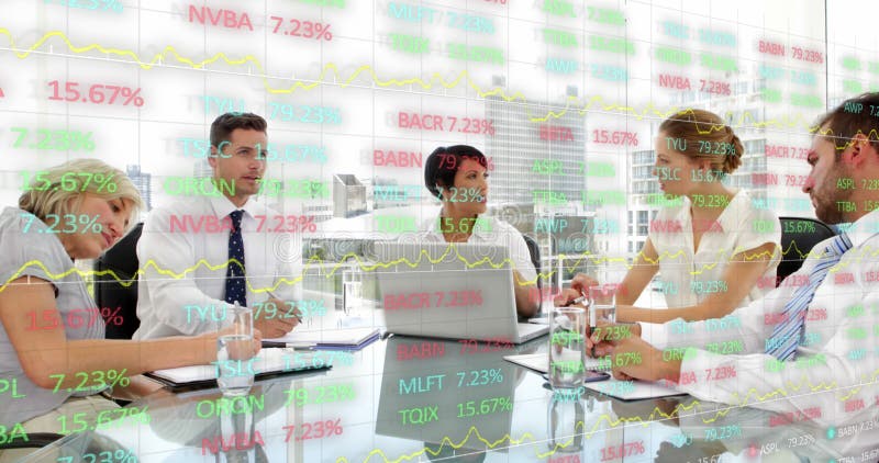Animation of Trading Board Over Diverse Coworkers Discussing Reports ...