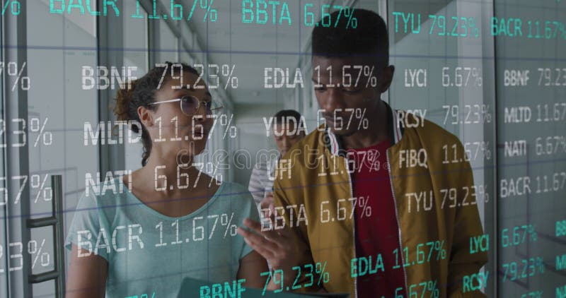 Animation of Trading Board Over Diverse Coworkers Sharing Ideas while ...