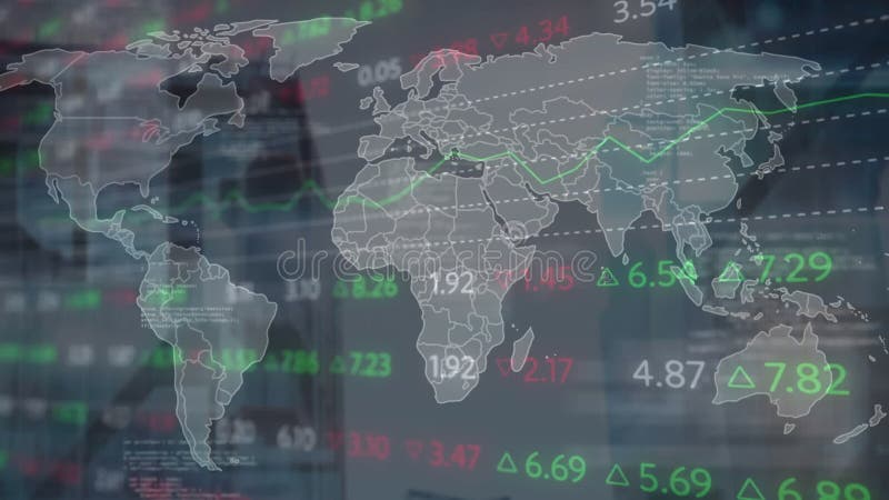 Animation of Trading Board Over Map Against Low Angle View of Modern ...