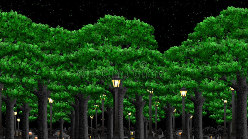 Animation of Trees in the Evening Park with Lanterns. Stock Footage ...