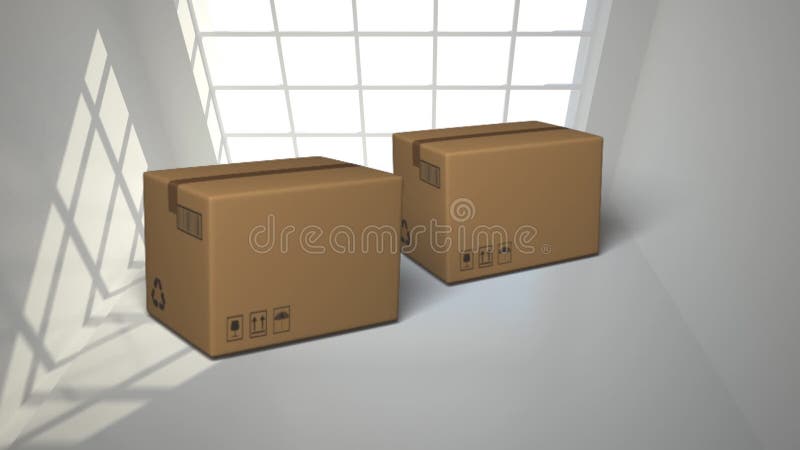 Animation of Two Cardboard Boxes Falling on White Floor with Skylight ...